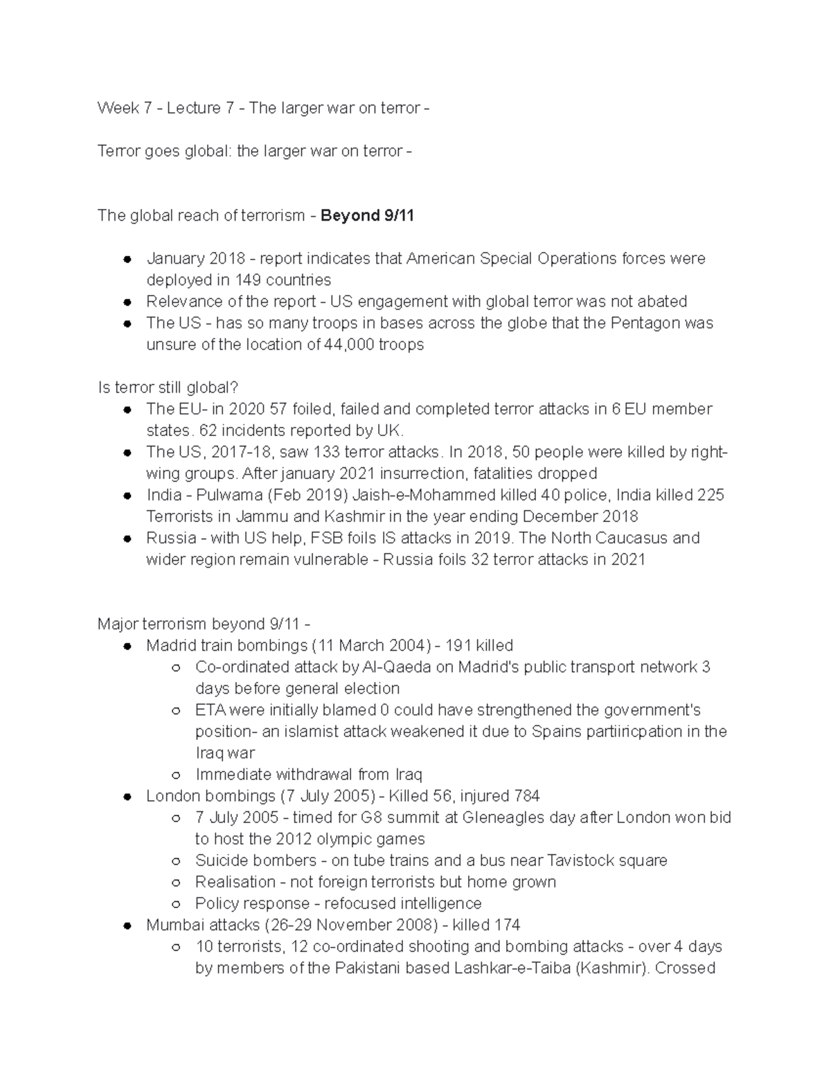 The War on Terror Part 2 - Weeks 7-13 - Week 7 - Lecture 7 - The larger ...