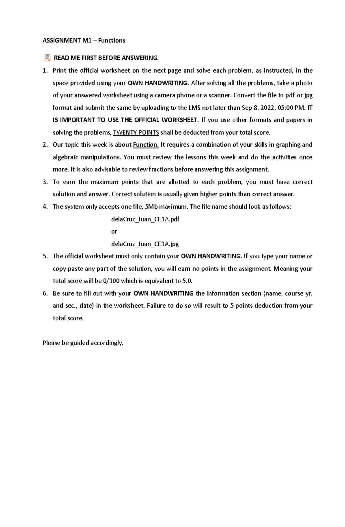Assignment M1 for CE - Kaya mo yan - ASSIGNMENT M1 – Functions READ ME FIRST BEFORE ANSWERING ...