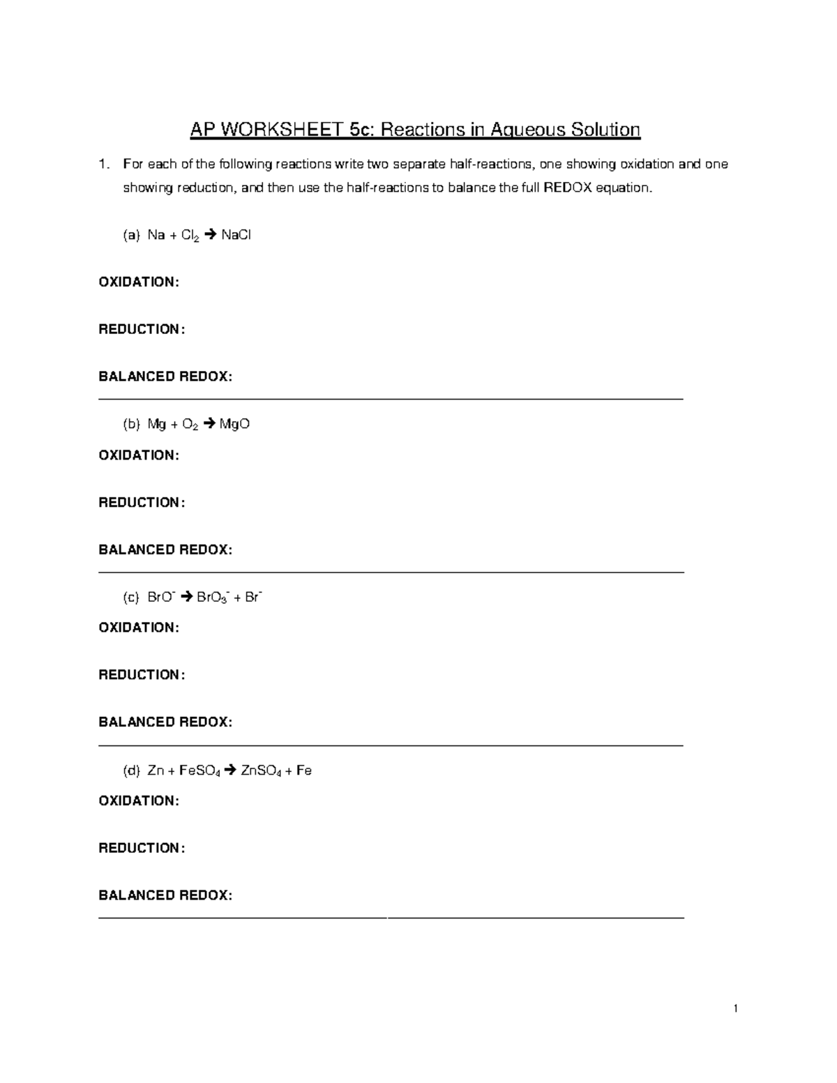 Apwsheet 5c - homework - 1 AP WORKSHEET 5 c: Reactions in Aqueous ...