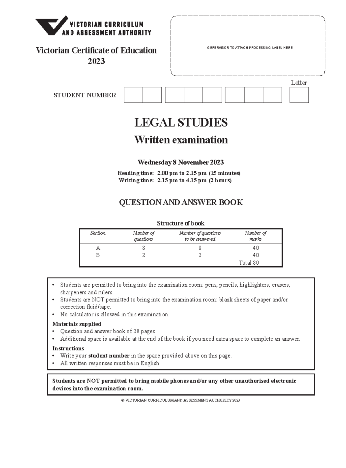 2023legal studies exam sample - LEGAL STUDIES Written examination ...