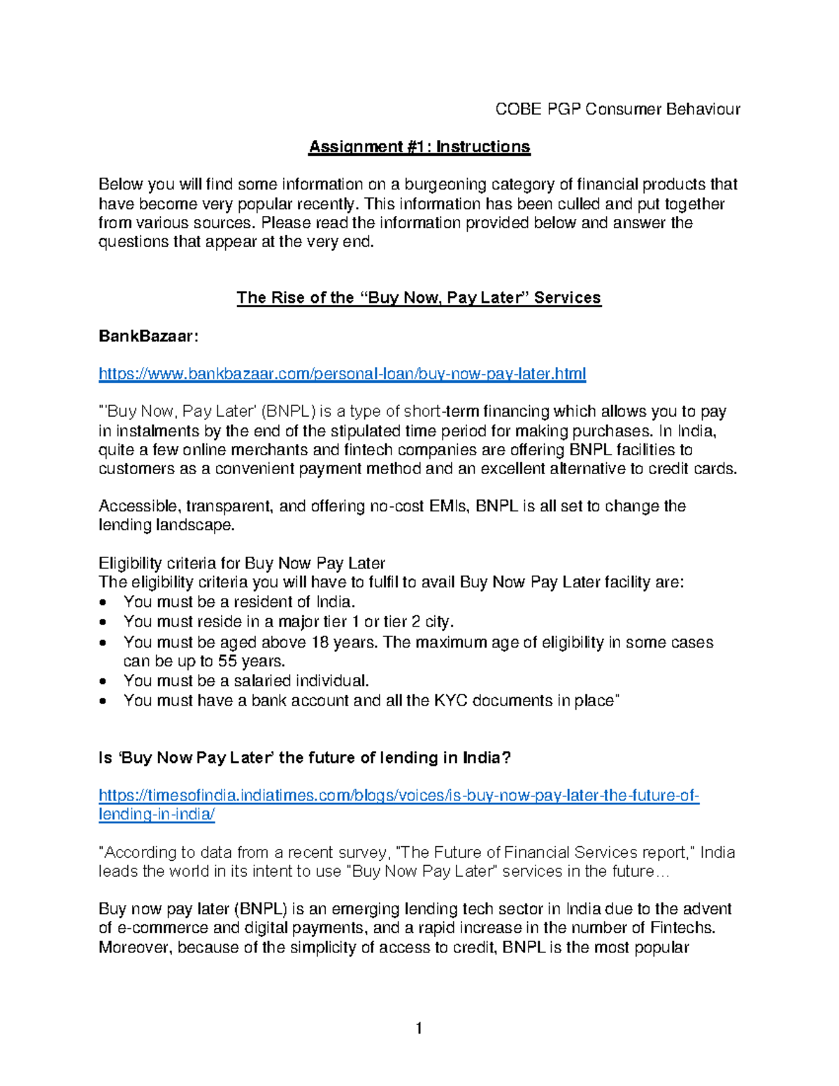 COBE Assignment # 1 - COBE PGP Consumer Behaviour Assignment #1 ...