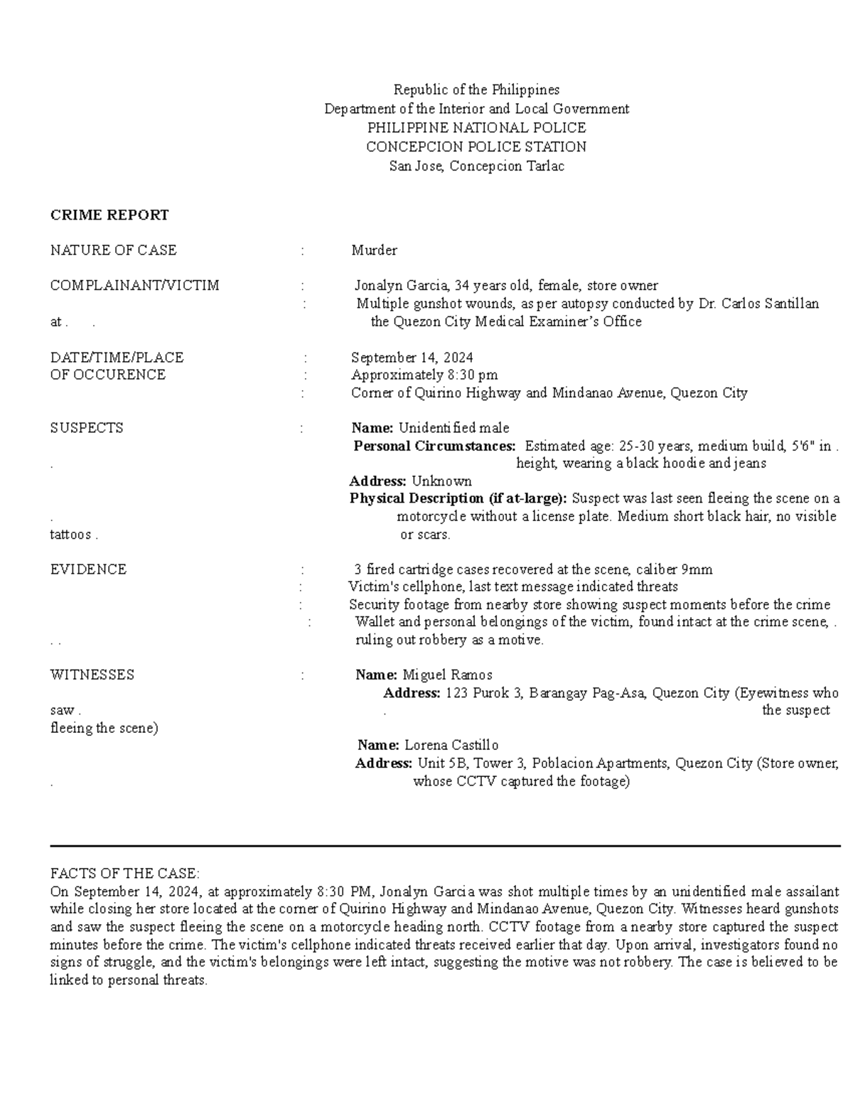 Crime Police Report - Republic of the Philippines Department of the ...