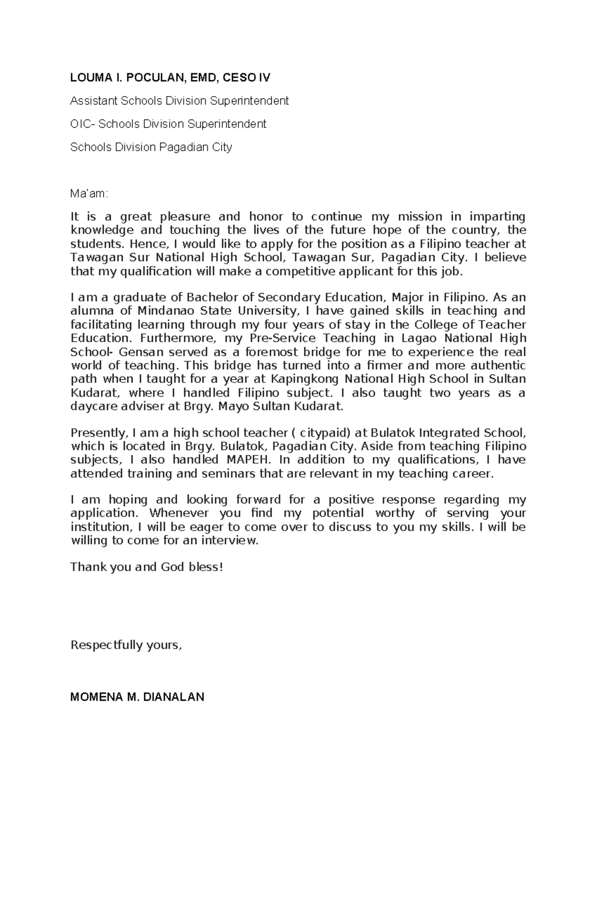 Momy leter - Intent letter sample - LOUMA I. POCULAN, EMD, CESO IV ...