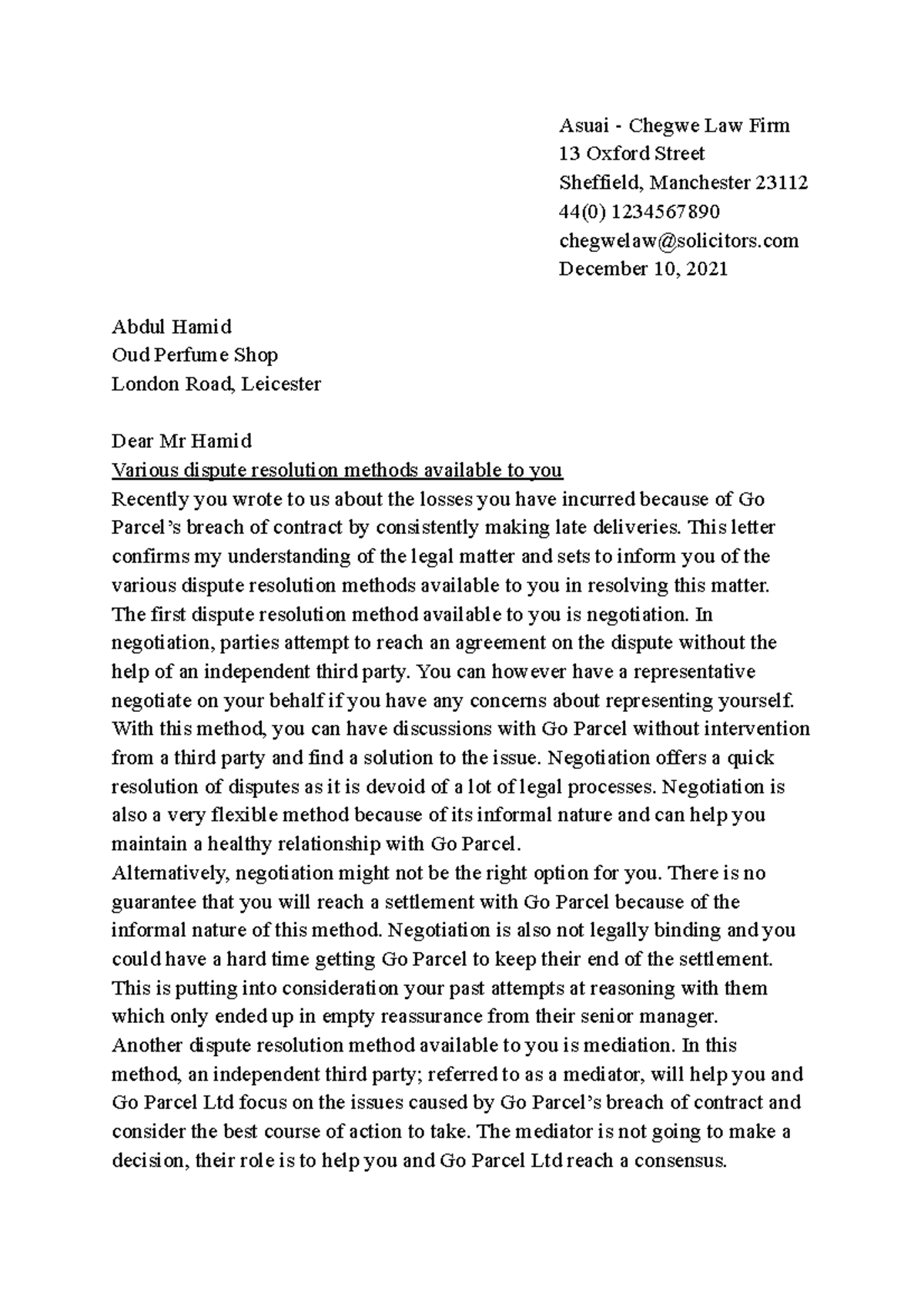 Client Letter for Summative Essay - Asuai - Chegwe Law Firm 13 Oxford ...