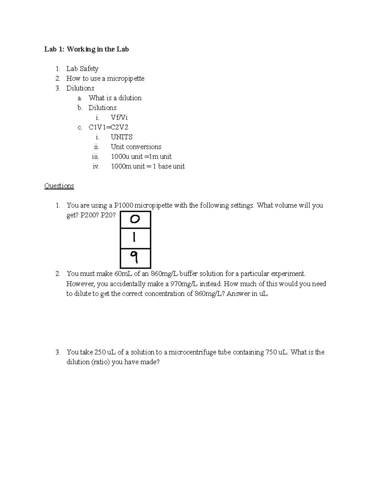 Exam 1 Review Sheet - Lab 1: Working in the Lab 1. Lab Safety 2. How to ...