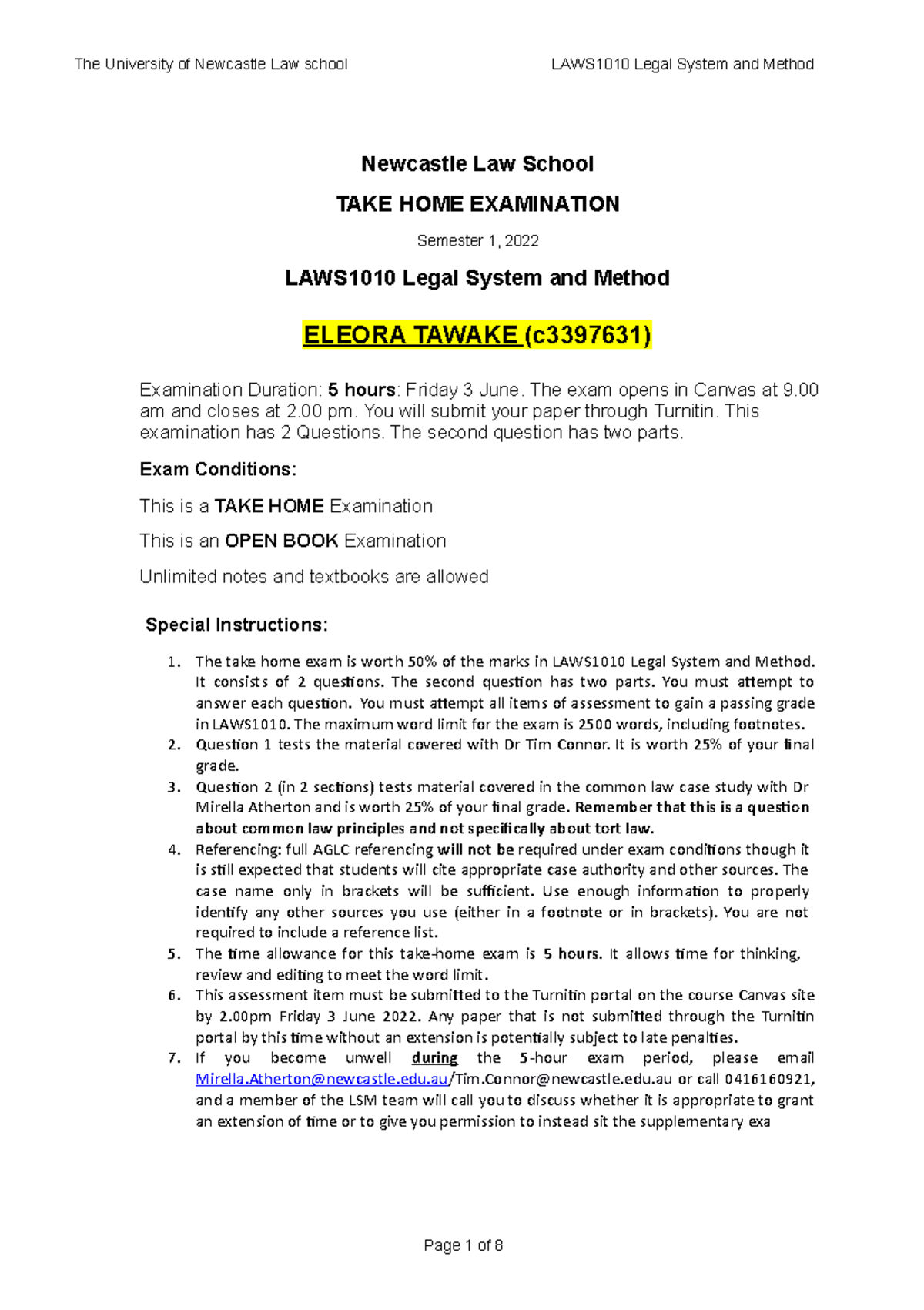LAWS1020 EXAM - Law exam notes - Newcastle Law School TAKE HOME ...