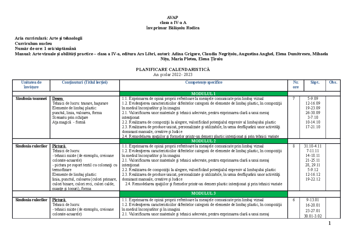 AVAP - planificare - AVAP clasa a IV-a A înv Bălășoiu Rodica Aria ...