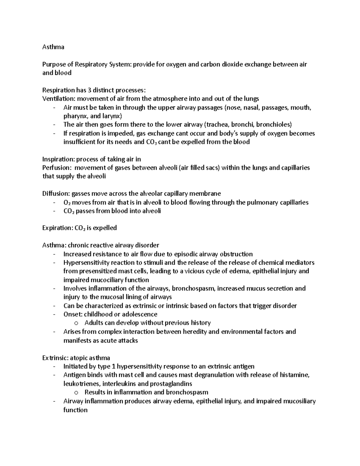 Asthma - notes - Asthma Purpose of Respiratory System: provide for ...
