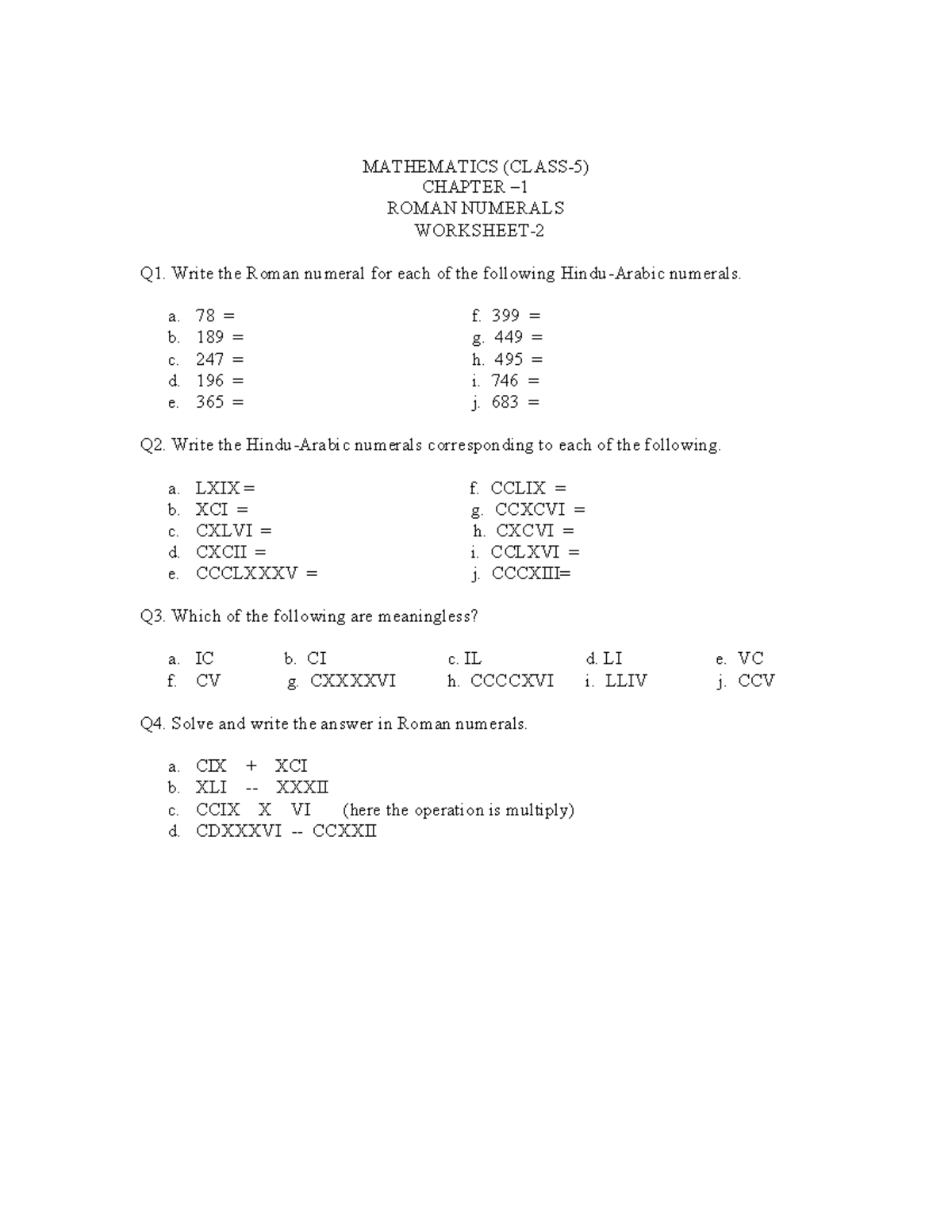 Maths 07 - MATHEMATICS (CLASS-5) CHAPTER – ROMAN NUMERALS WORKSHEET- Q1 ...