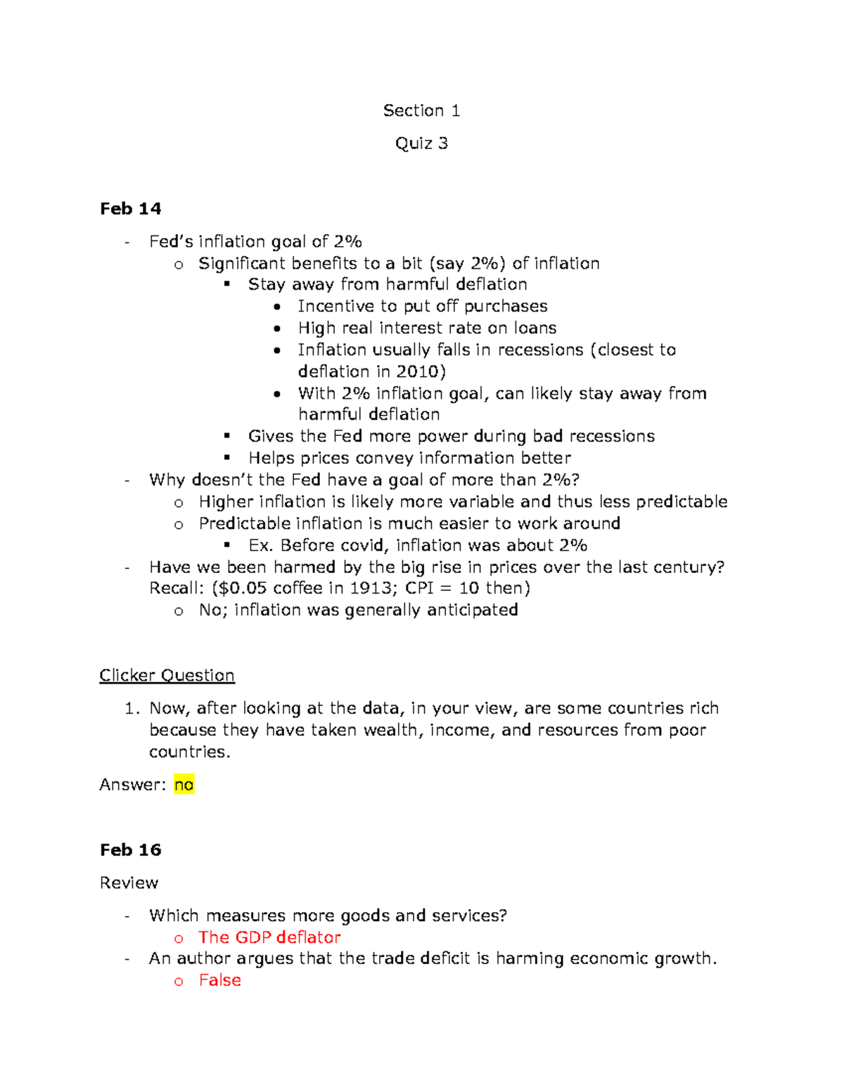 Macroeconomics (Quiz 3 pt. 2) - Section 1 Quiz 3 Feb 14 Fed’s inflation ...