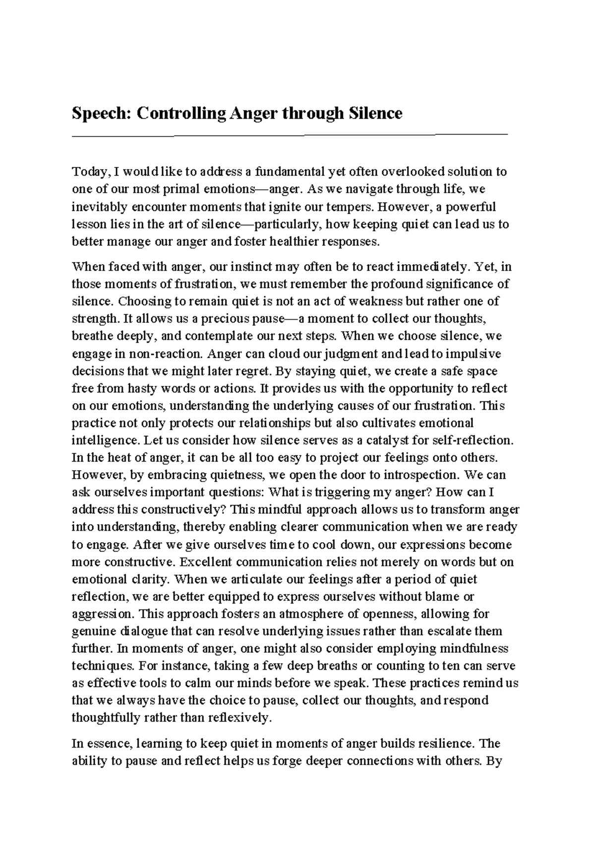 ASL Speech - Speech: Controlling Anger through Silence Today, I would ...