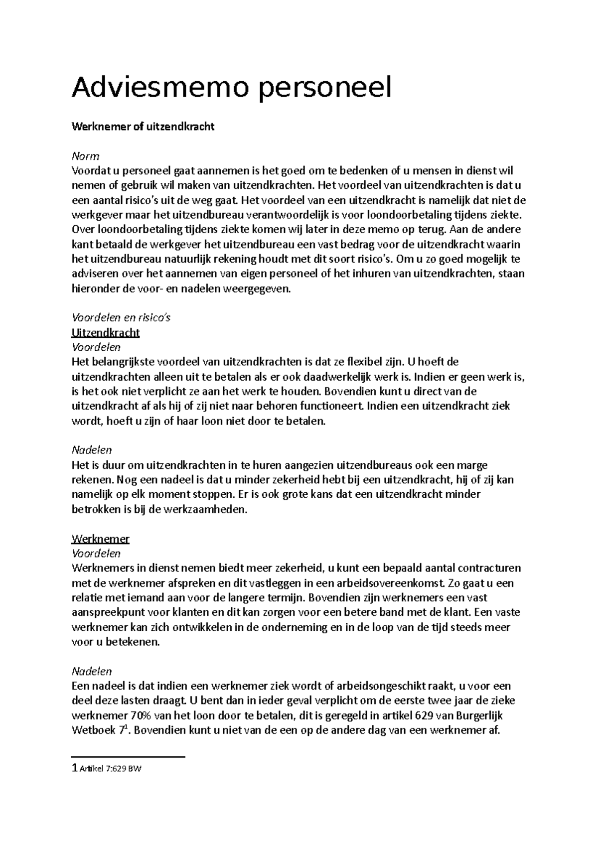 Adviesmemo personeel - Adviesmemo personeel Werknemer of uitzendkracht ...