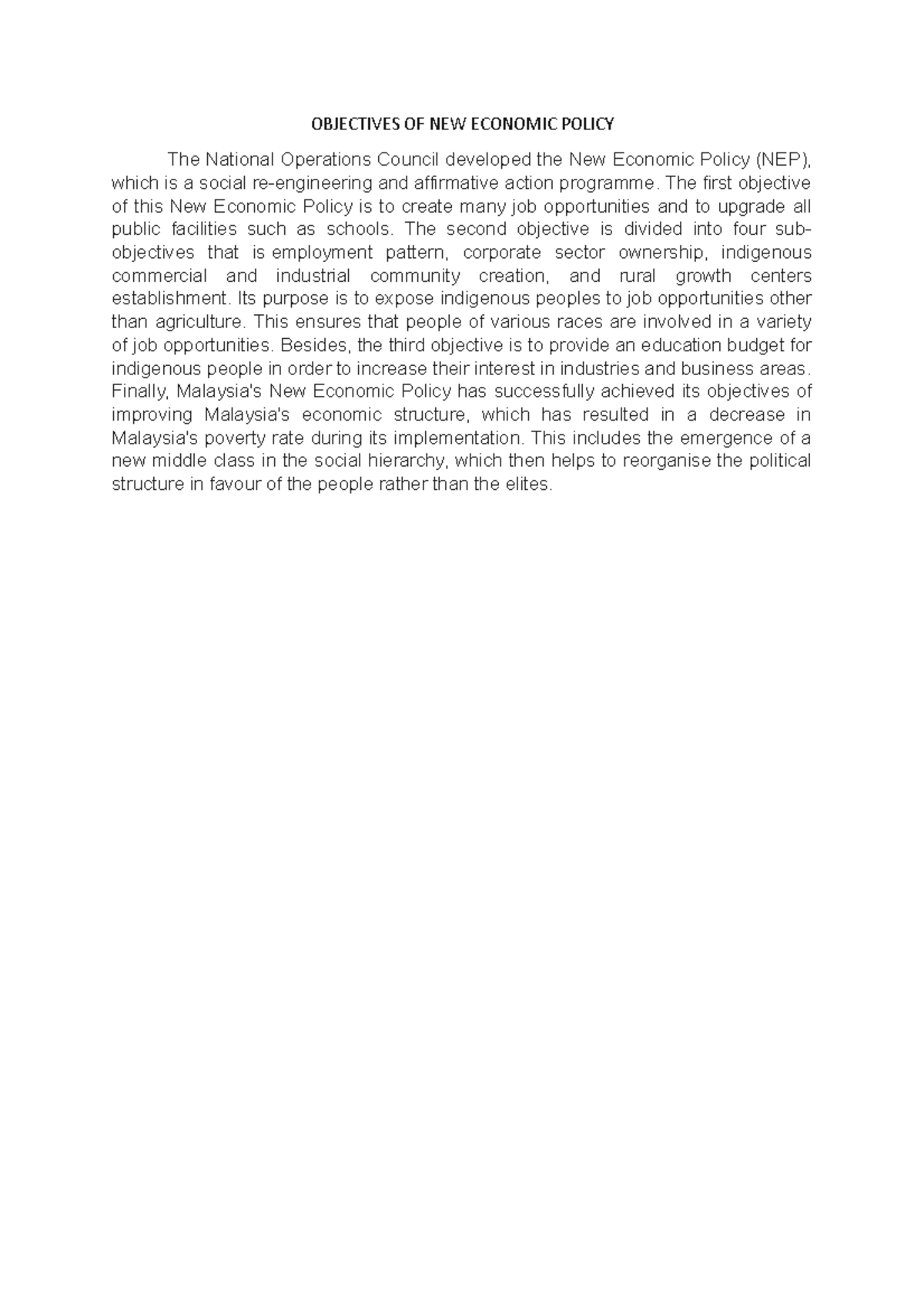 PAD390 Tutorial 10TH MAY - OBJECTIVES OF NEW ECONOMIC POLICY The ...