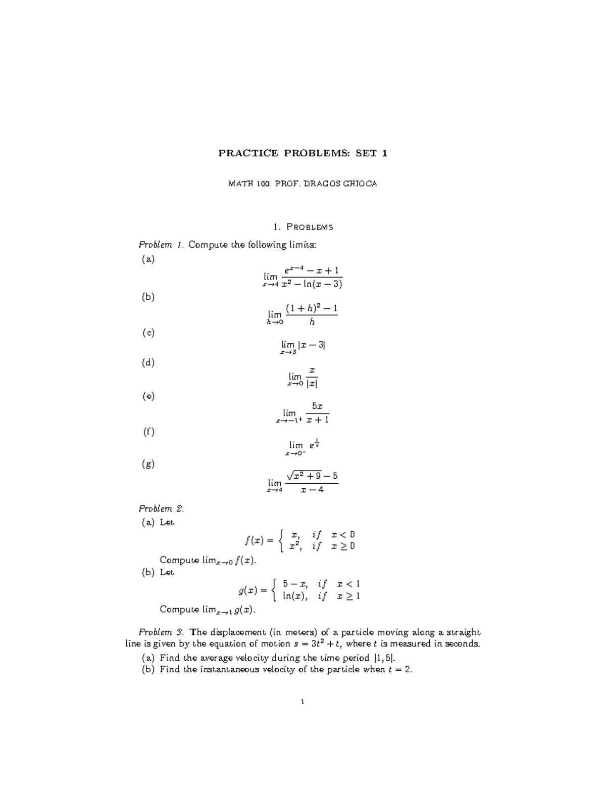 MATH100 practice set 1 - PRACTICE PROBLEMS: SET 1 MATH 100: PROF ...