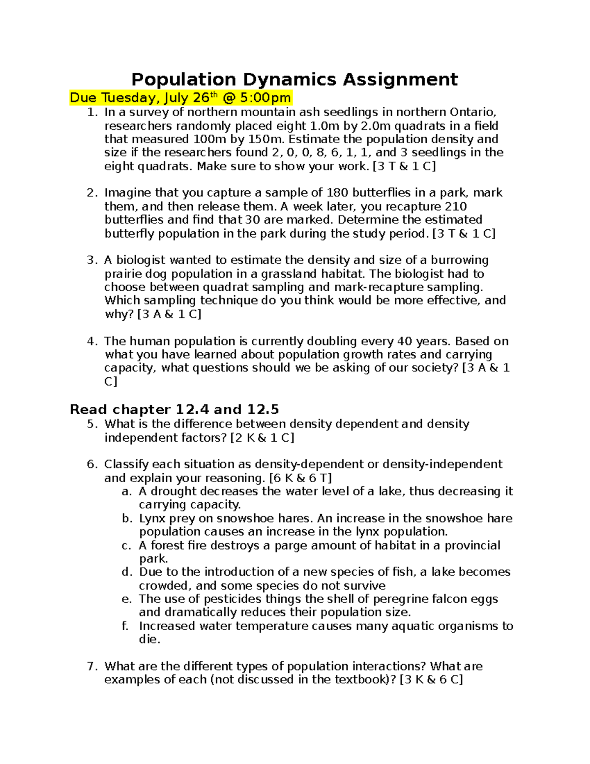 Population Dynamics Assignment - Estimate the population density and ...