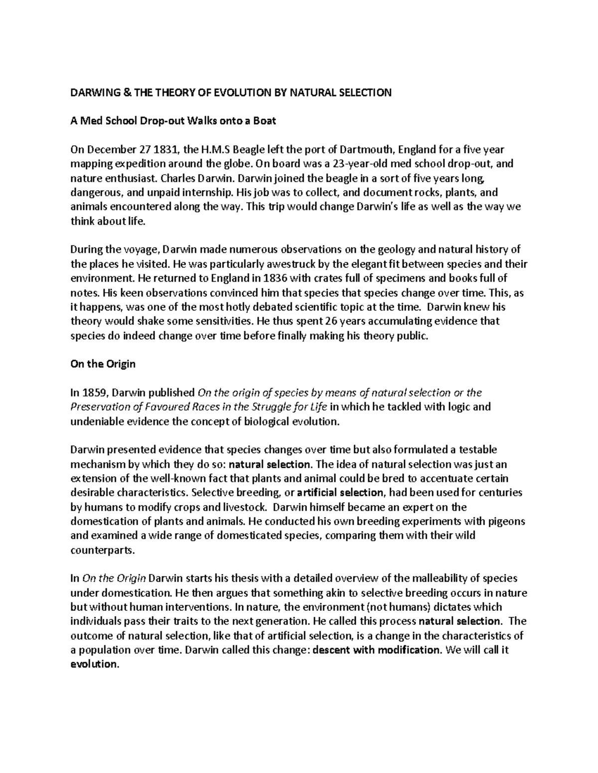 Darwin - 2021 notes on evolutionary - DARWING & THE THEORY OF EVOLUTION ...