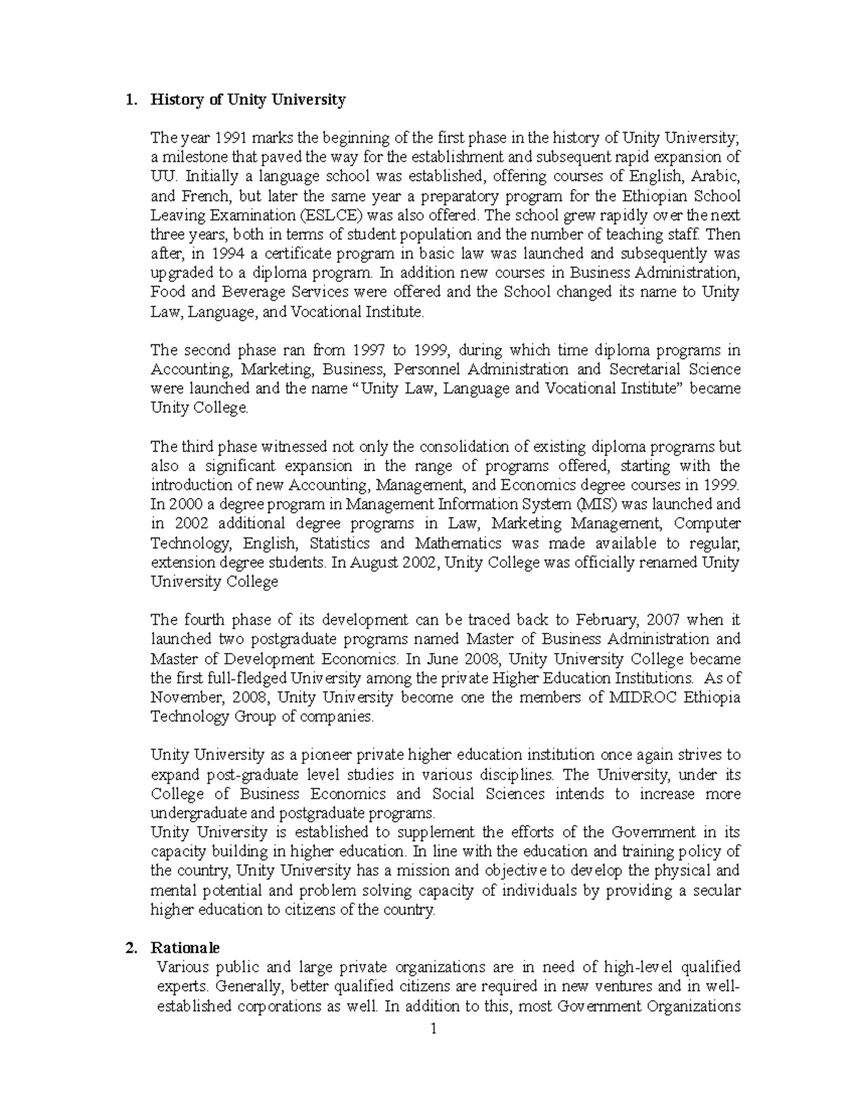 ACFN (BA) Curriculum - revised 2018 - History of Unity University The ...