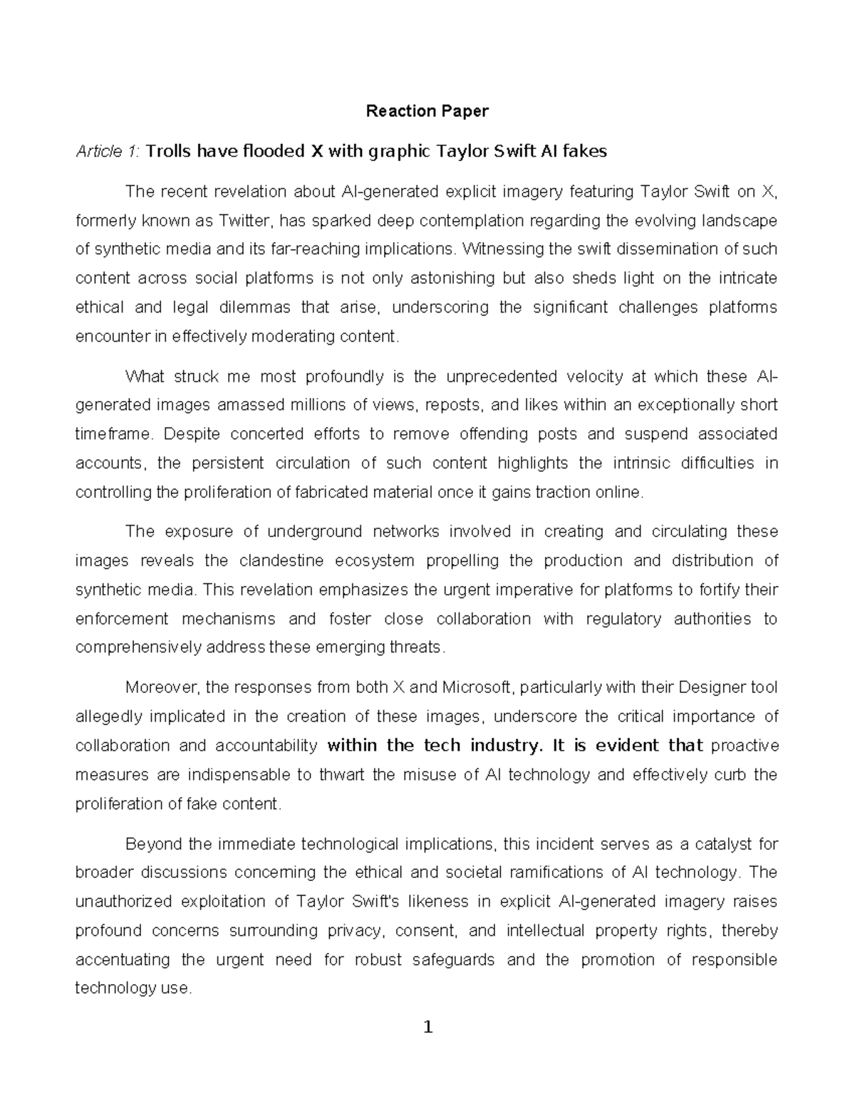 FA1.2 Essay for AI Lec - Reaction Paper Article 1: Trolls have flooded ...