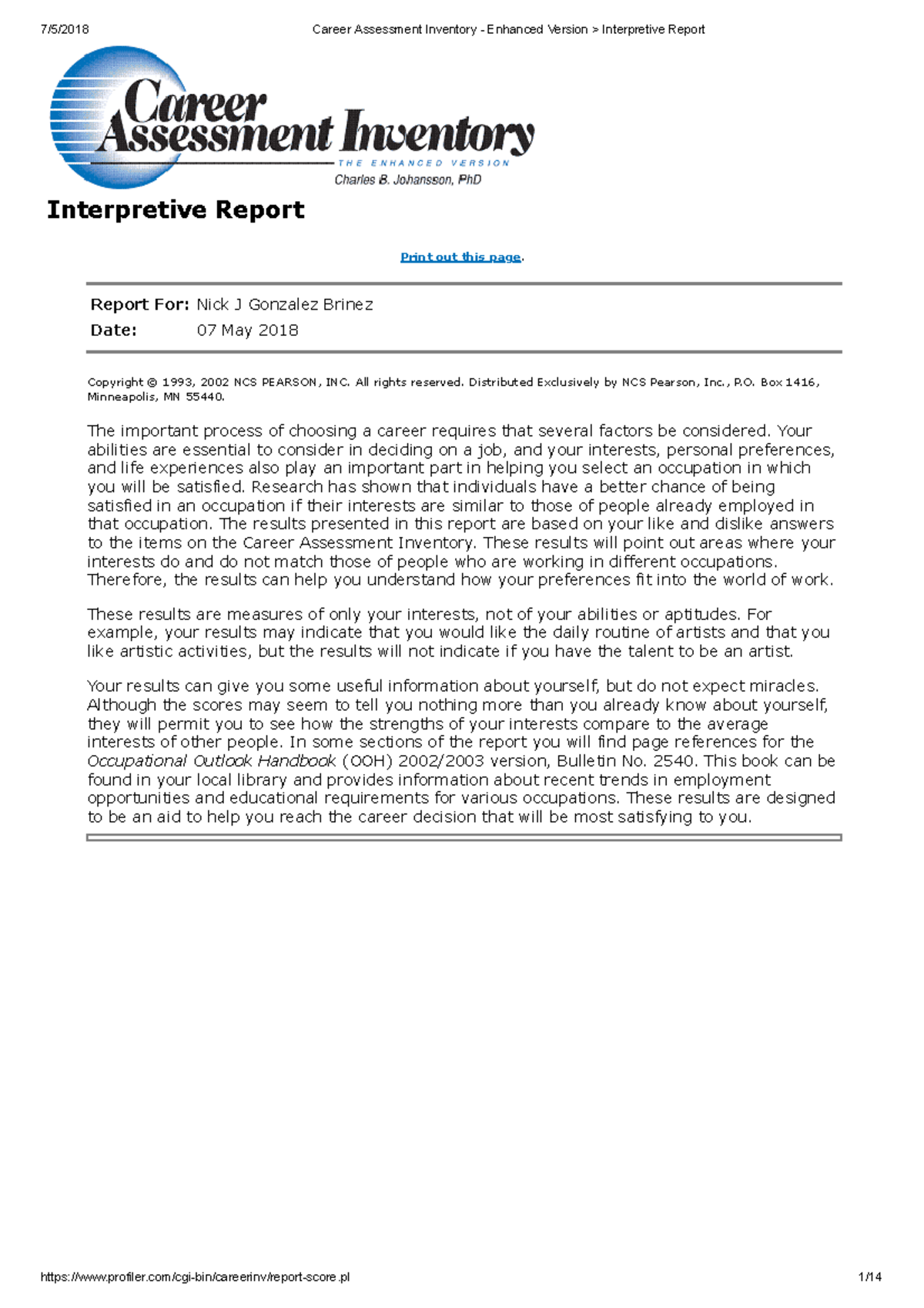 Career Assessment Inventoryy - Interpretive Report Print out this page ...