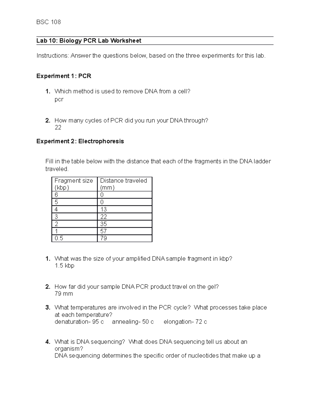 Lab 10 Biology PCR Worksheet - BSC 108 Lab 10: Biology PCR Lab ...
