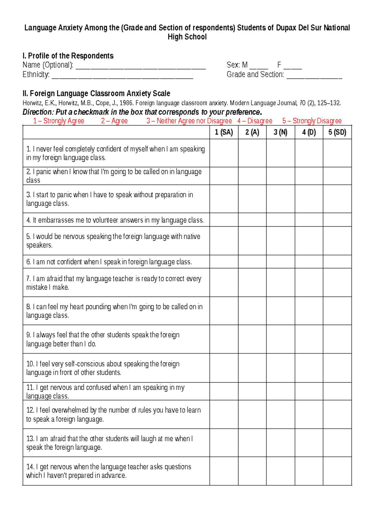 Research-Instrument-Copy - Language Anxiety Among the (Grade and ...