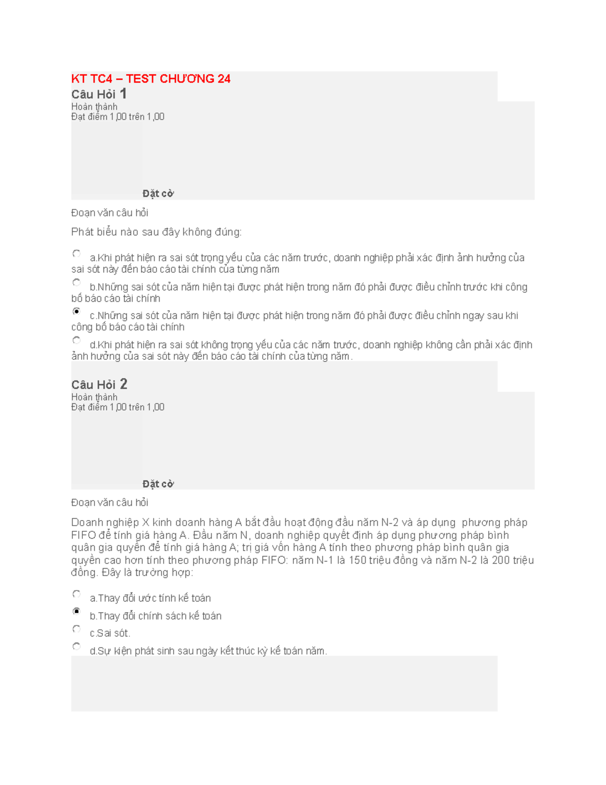 Tc4 ChƯƠng 24 Tài Liệu Kt Tc4 Test ChƯƠng 24 Câu Hỏi 1 Hoàn