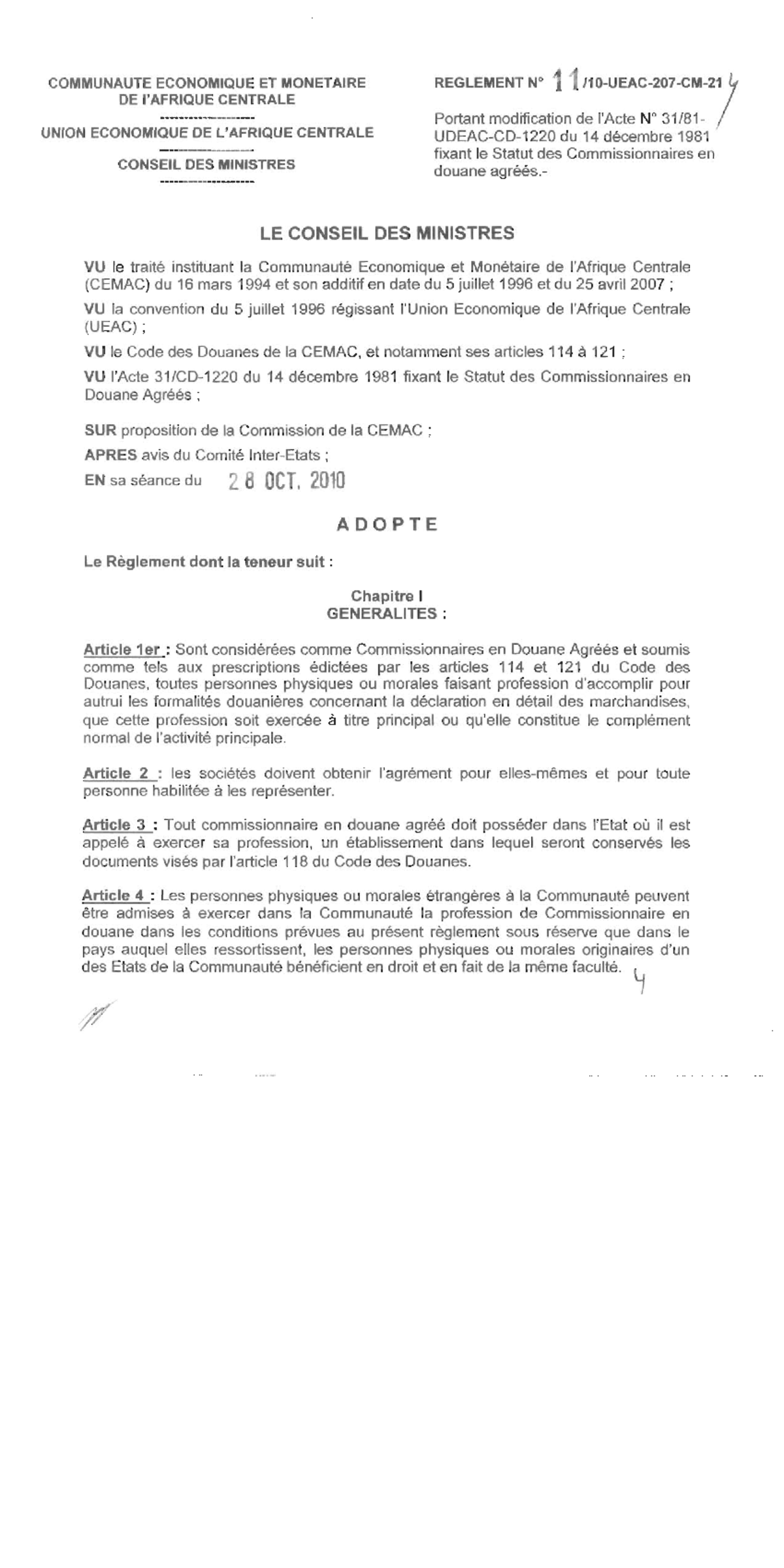 Cemac Reglement 2010 11 statut commissionnaires douane - marketing des ...