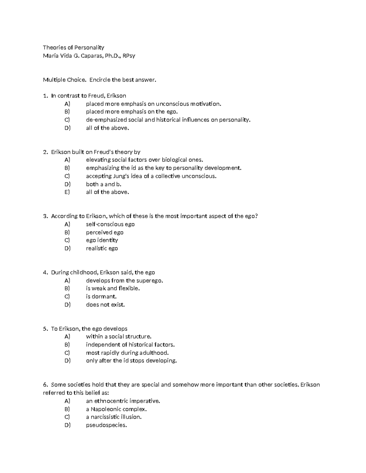 Theories of Personality Erikson - Theories of Personality Maria Vida G ...