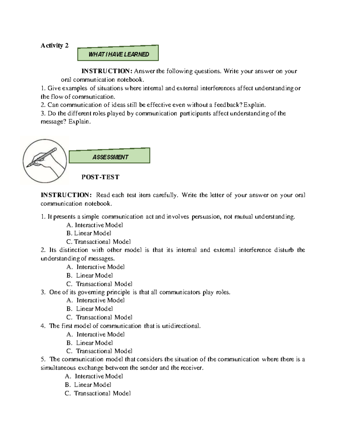 Activity 2 Lesson 2 WEEK 2 ORAL COMM - WHAT I HAVE LEARNED ASSESSMENT ...