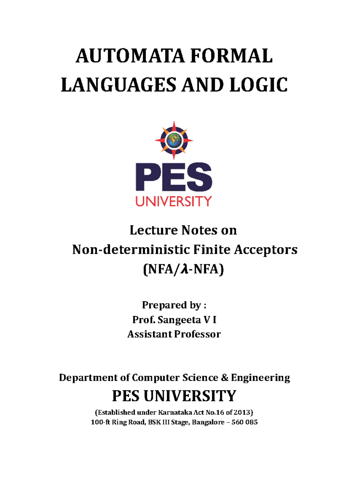 Nfa Notes Nfa Notes Automata Formal Languages And Logic Lecture Notes On Non Deterministic 3289