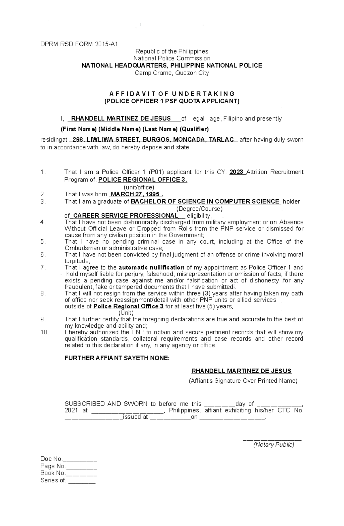 Affidavit OF Undertaking Patrolman PSF Quota - DPRM RSD FORM 2015-A ...