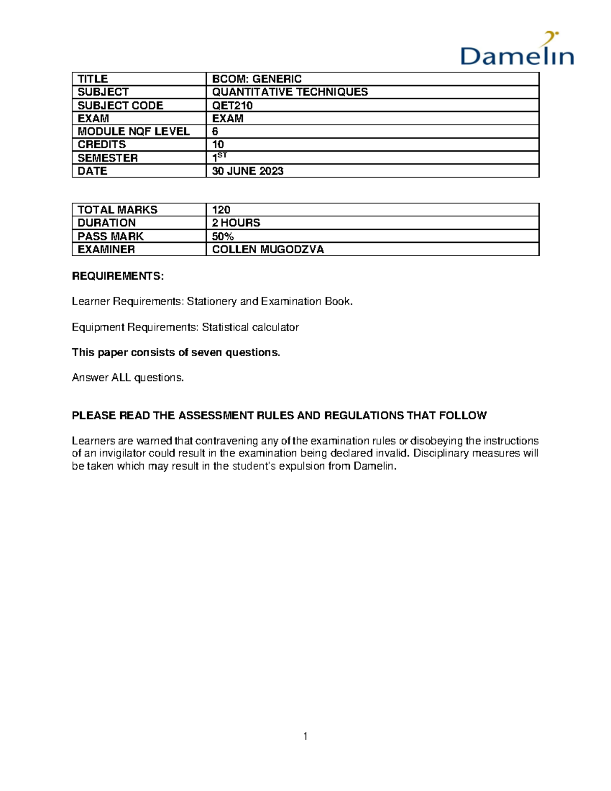 Bcom Generic Quantitative Techniques Formula Sheet Title Bcom