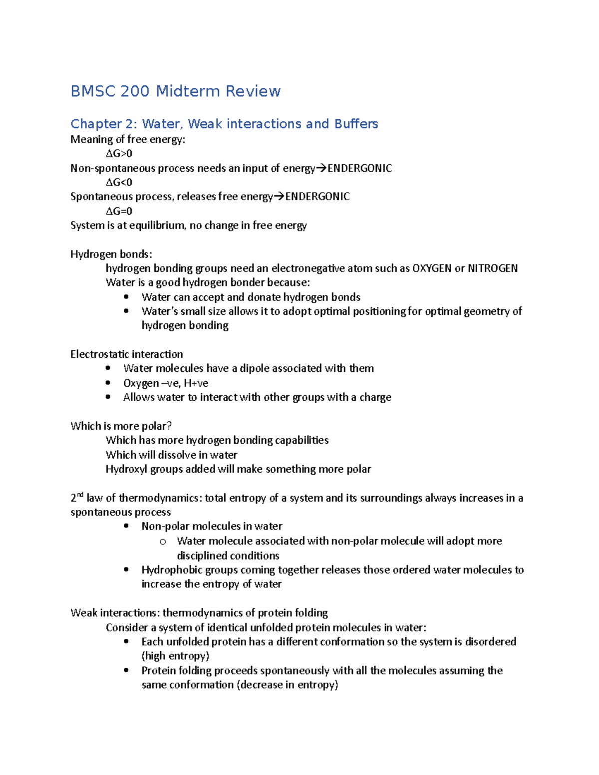 Bmsc 200 Midterm Review Chapter 2: Water-Lecture Notes - BMSC 200 ...