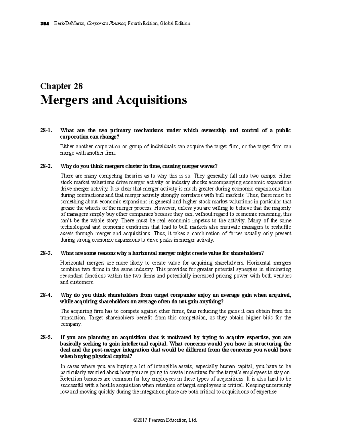 Ch28 - solution for ch28 - Chapter 28 Mergers and Acquisitions 28-1 ...