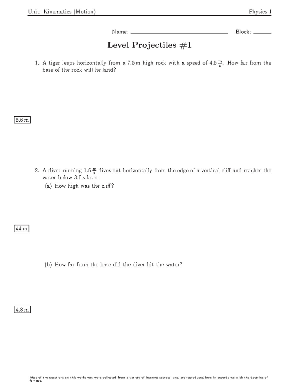 Projectiles-level-1 - Projectile motion practice questions with final ...