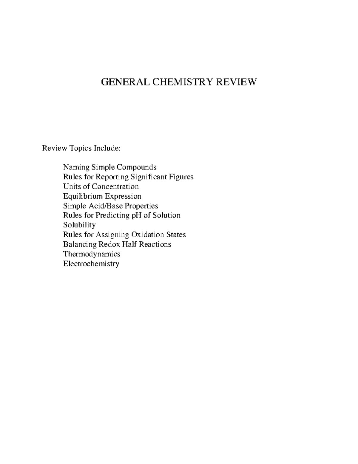 Review package 2014 - GENERAL CHEMISTRY REVIEW Review Topics Include ...