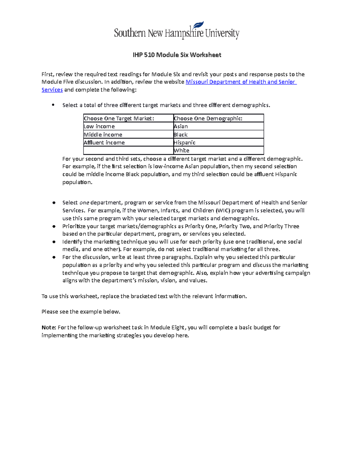 IHP 510 Module Six Worksheet - IHP 510 Module Six Worksheet First ...