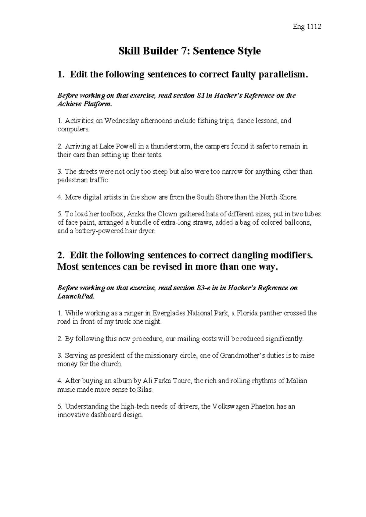 Skill Builder 7 Sentence Style - Eng 1112 Skill Builder 7: Sentence ...