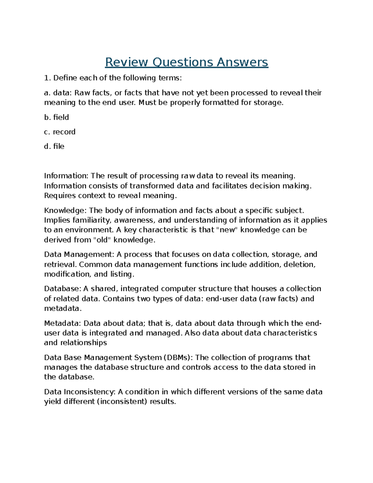 Ch 1 Review Questions Answers Review Questions Answers Define Each Of The Following Terms A