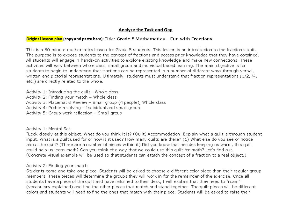 Analyze the Task and Gap Fun With Fractions Caitlin Rice - Analyze the ...