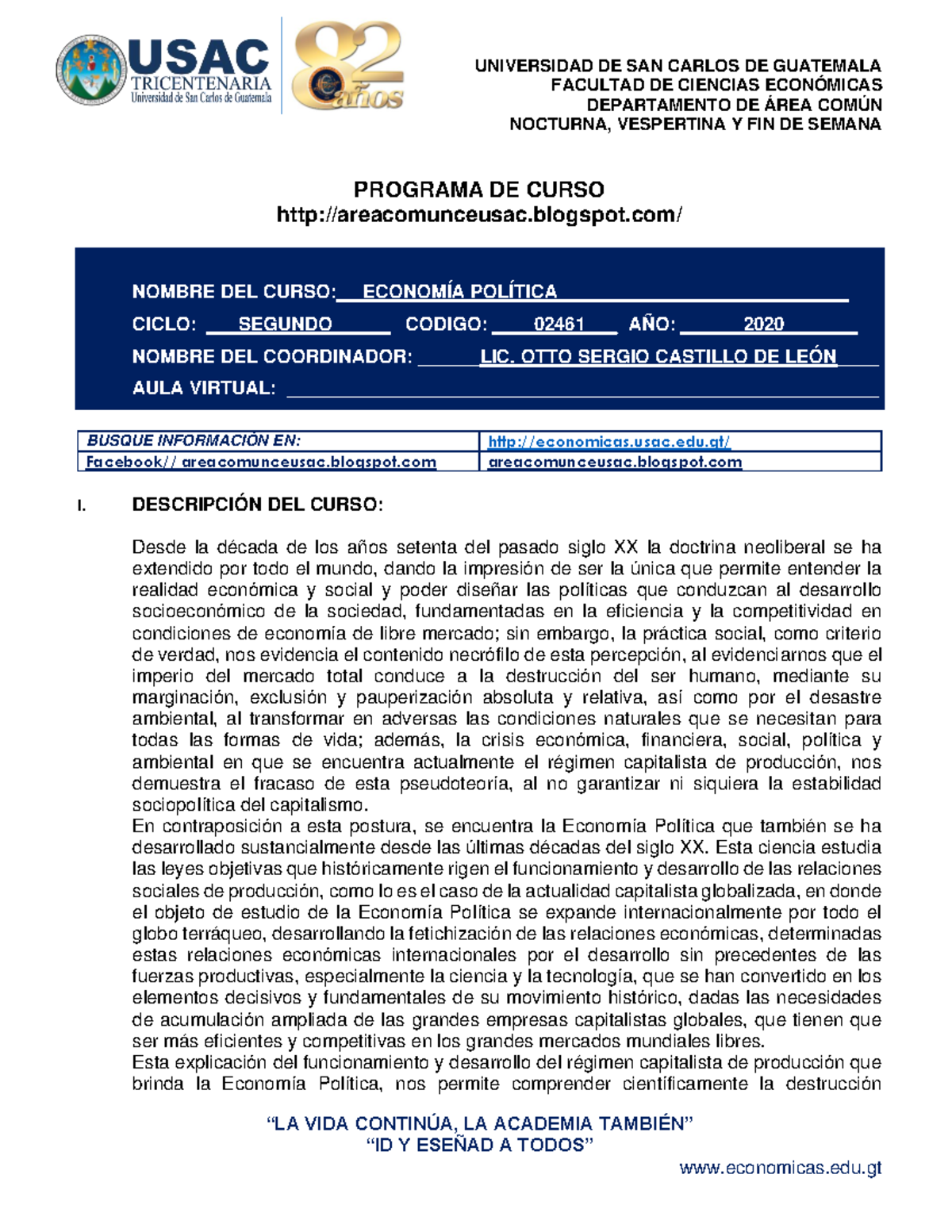 Programa del curso - FACULTAD DE CIENCIAS ECONÓMICAS DEPARTAMENTO DE ÁREA COMÚN NOCTURNA ...