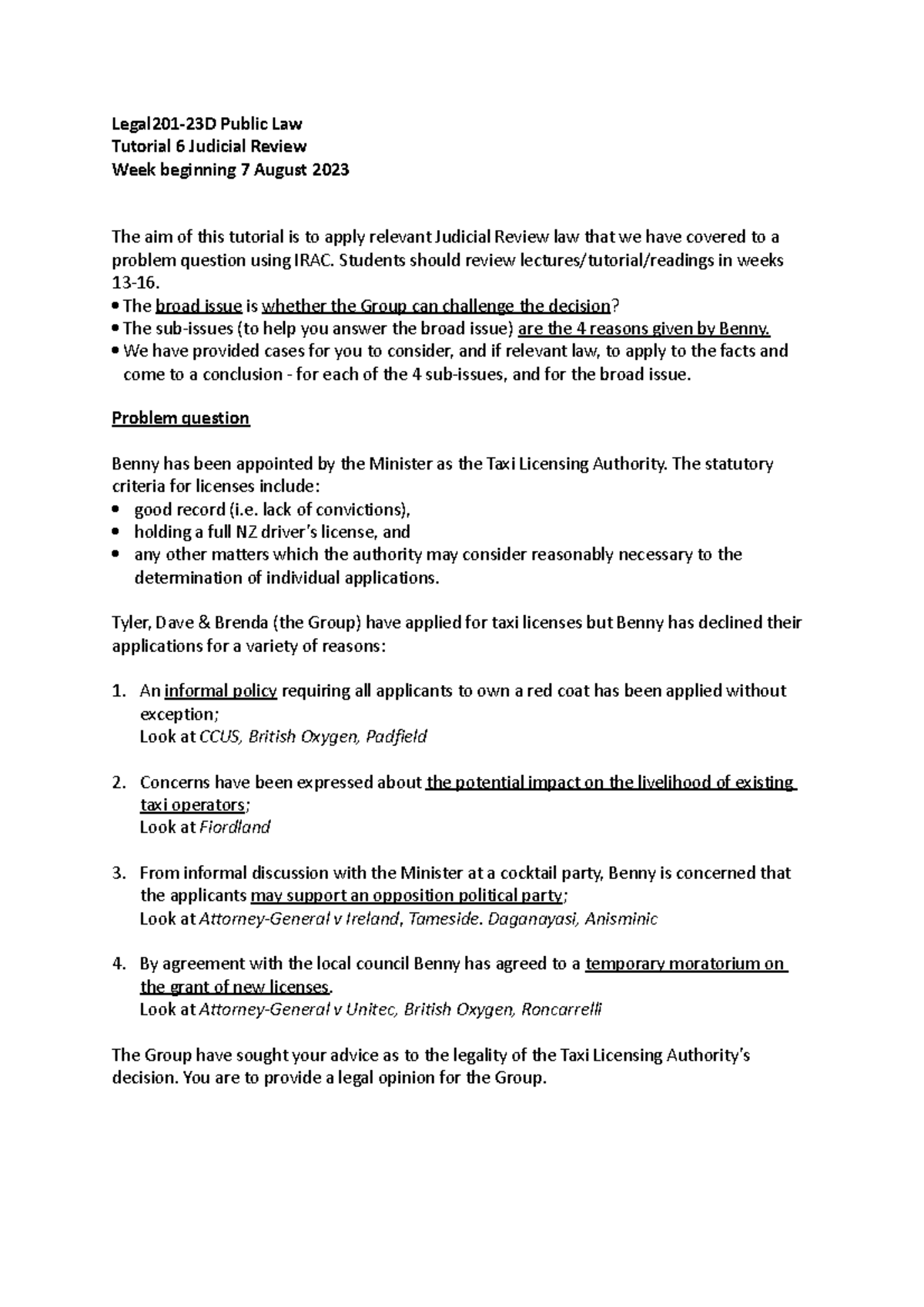 5-mw Tutorial 6 qs - Legal201-23D Public Law Tutorial 6 Judicial Review ...