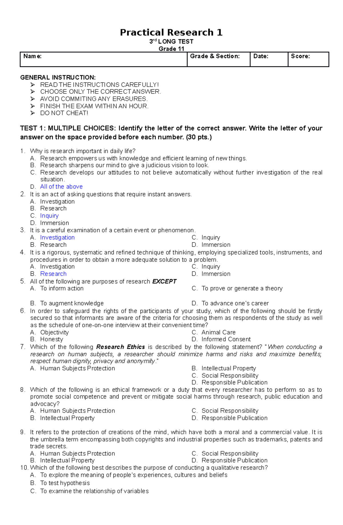 Test questionnaire 1 - Reviewer - Practical Research 1 3 rd LONG TEST ...