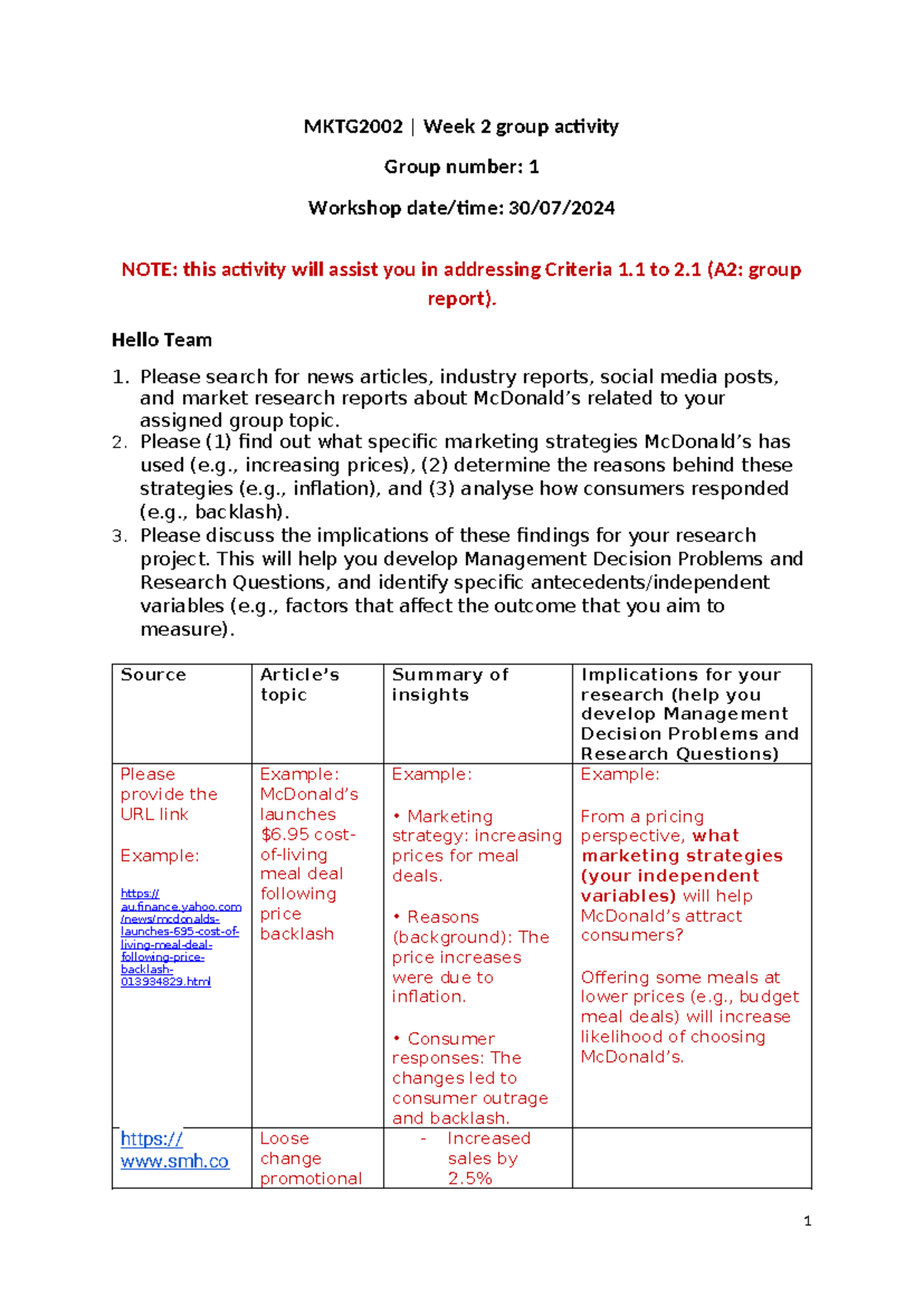 MKTG2002-week 2 class activities - MKTG2002 | Week 2 group activity Group number: 1 Workshop ...