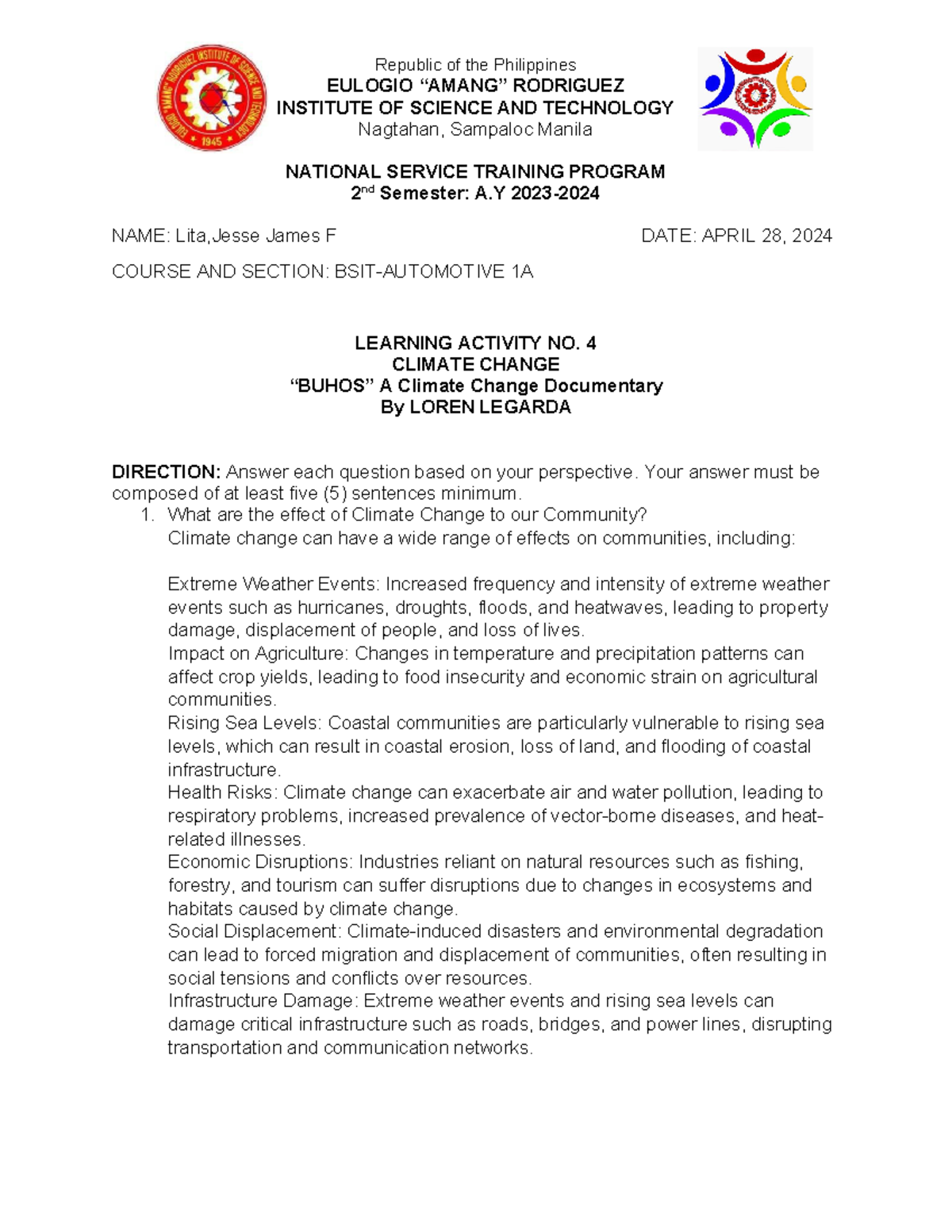 NSTP Learing Activity 4 Climate Change AY 2023 2024 - Republic of the ...