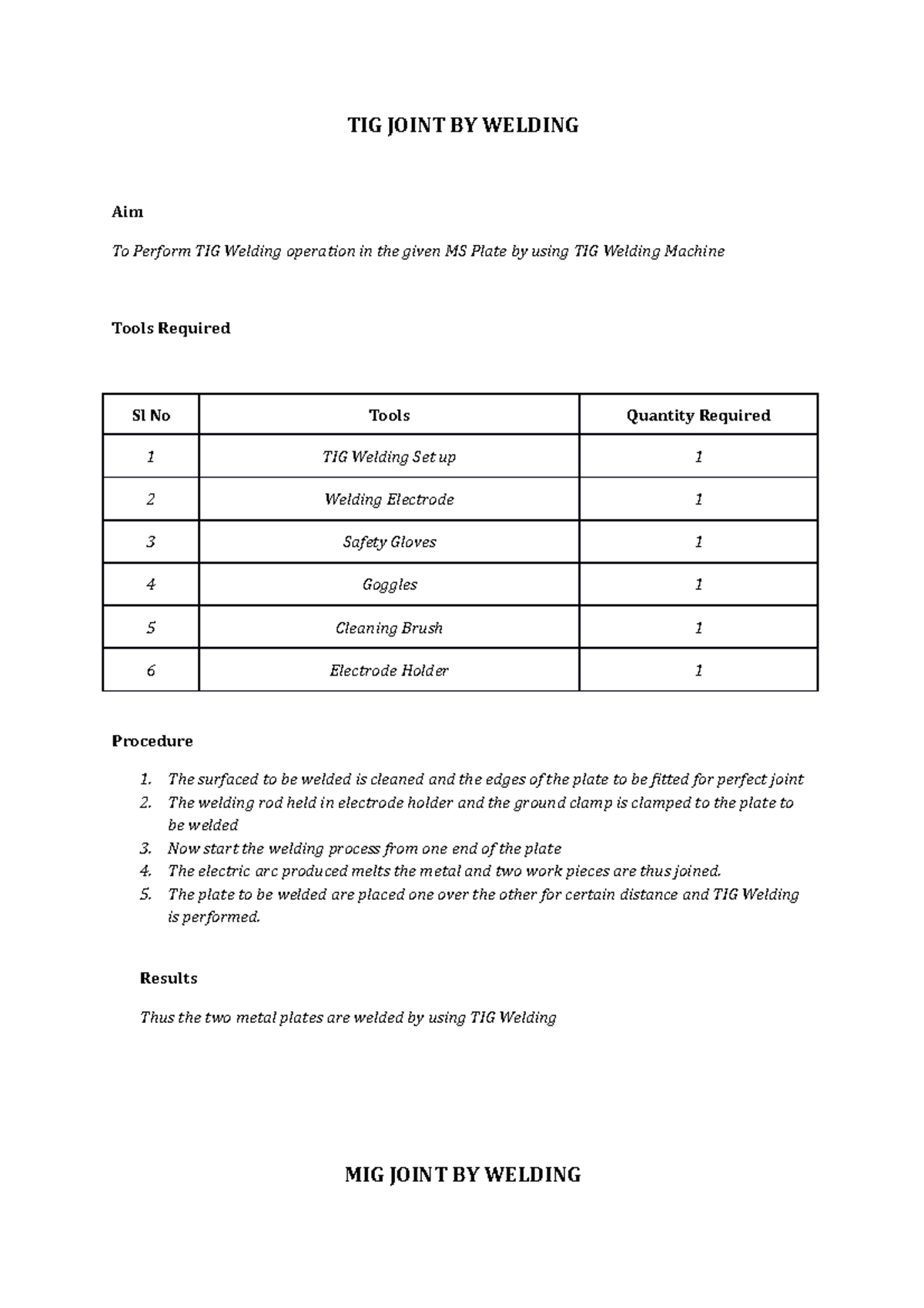 Content Beyond Syllabus - TIG JOINT BY WELDING Aim To Perform TIG ...