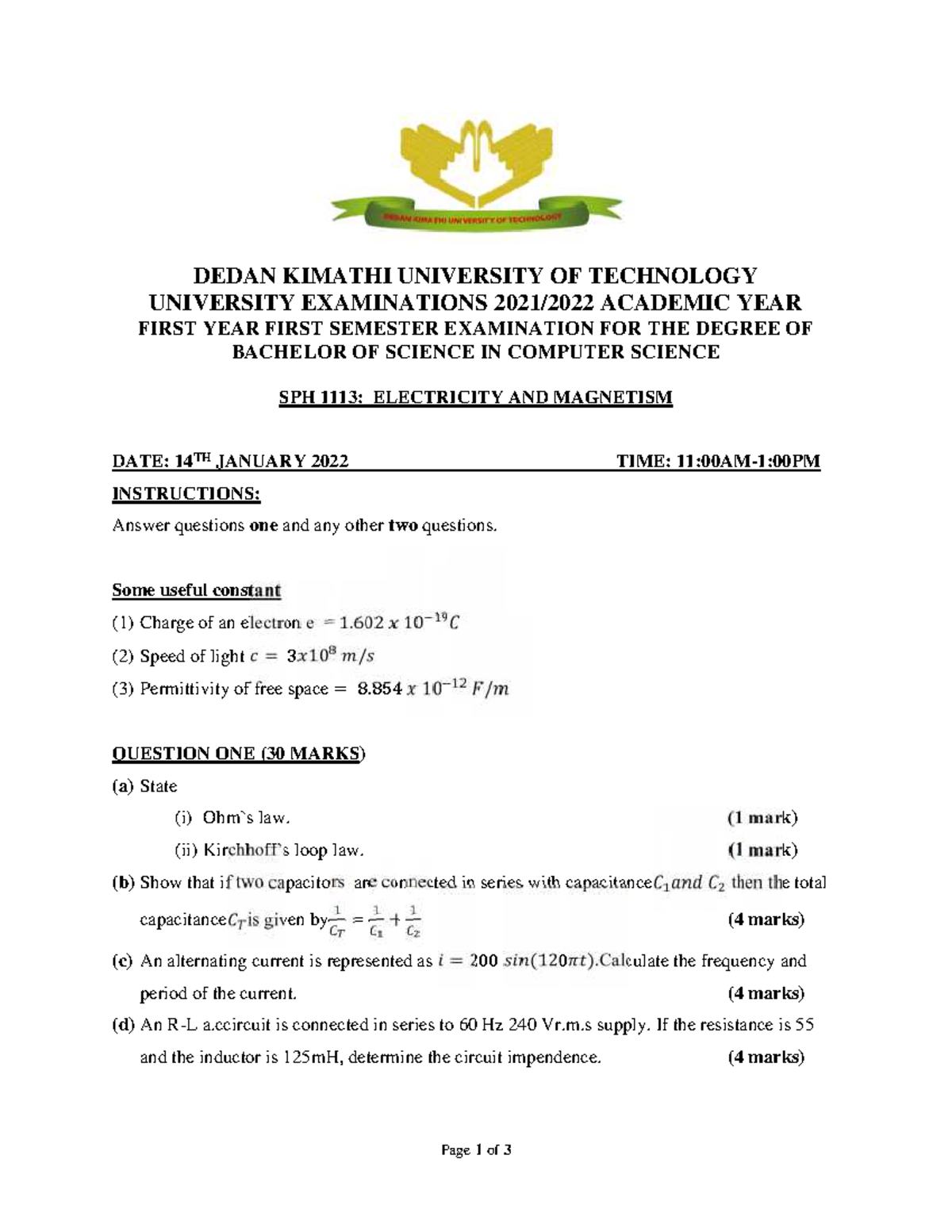 Electricity sph 1113-TO Print - Page 1 of 3 DEDAN KIMATHI UNIVERSITY OF ...