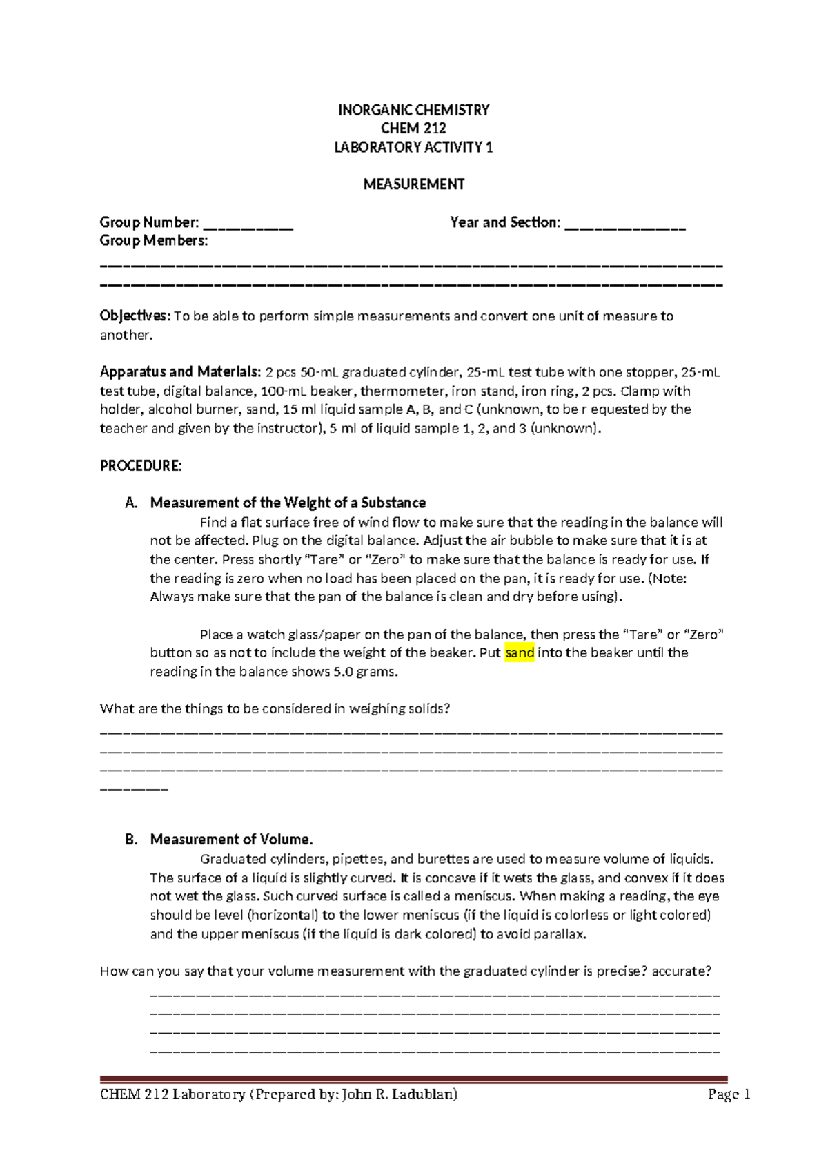 Chem-212-lab-activity-1-measurement - INORGANIC CHEMISTRY CHEM 212 ...