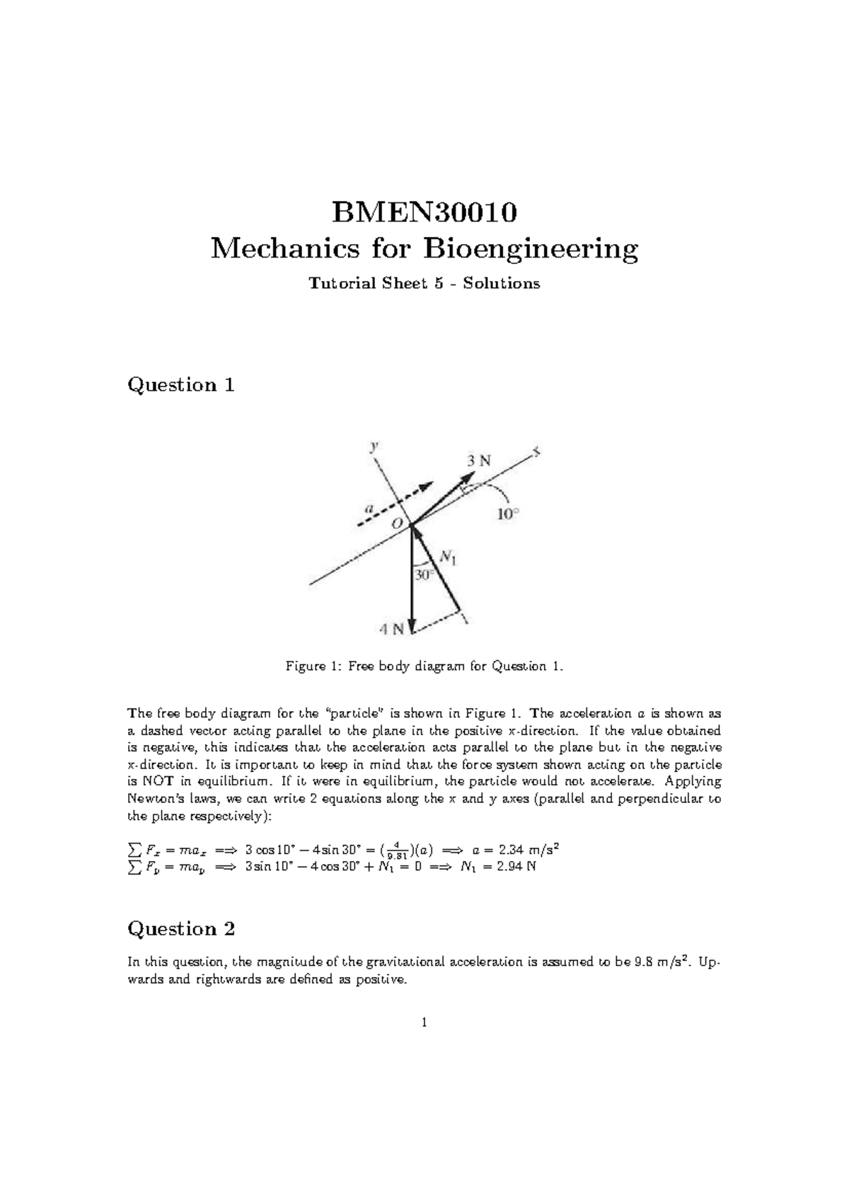 Physics Tutorial Sheet 5 Solutions - BMEN Mechanics for Bioengineering Tutorial Sheet 5 ...
