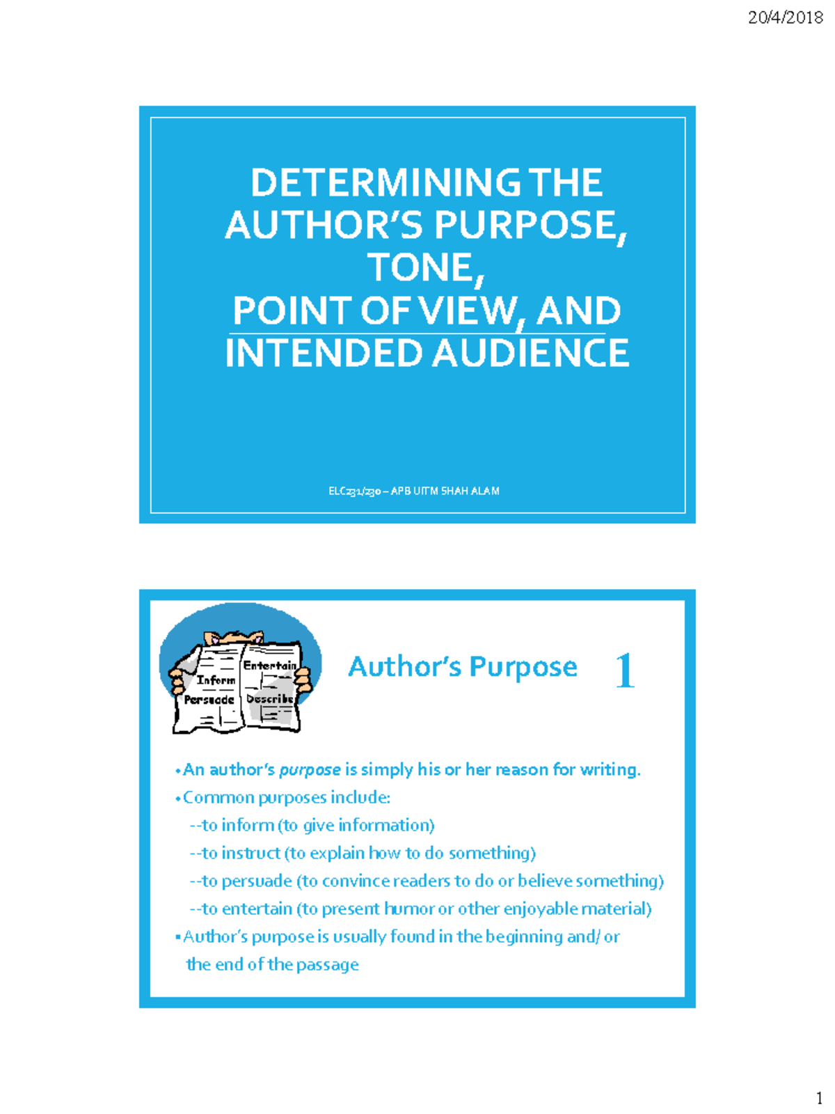 Author’s Purpose, Tone, Point of View & Intended Audience - DETERMINING ...